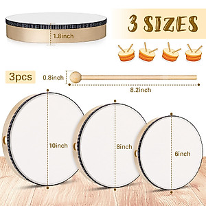 Hand Drum Percussion Wood Frame Drum With Drum Stick 10 Inch 8 Inch 6 Inch Kids Drums Musical Instruments For Adults Drums Beginners Adults for Home School Party Supplies（Wood Color）