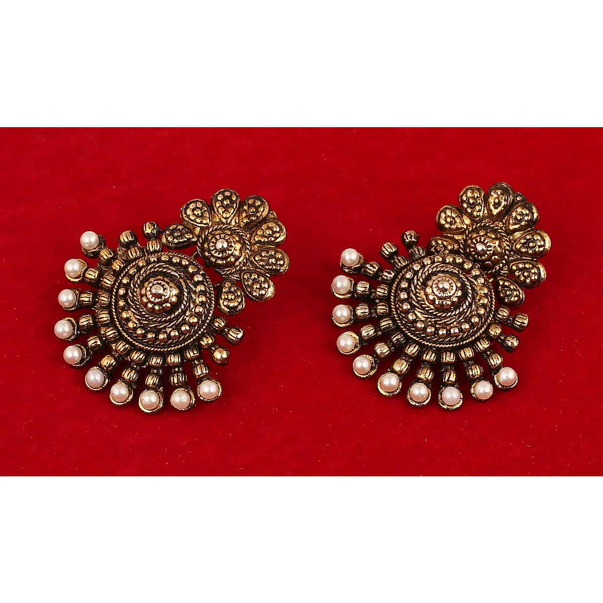 Touchstone Indian bollywood ancient southern gold jewelry inspired bridal jewelry earrings with faux pearls for women in antique tone and oxidized.