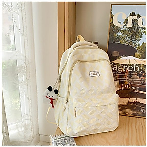 IECSHDU Kawaii Aesthetic Laptop Backpack Large Capacity Emboss Textured Casual Daypack Cute Plush Pendant Simple Laptop Bag (Yellow)