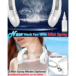 Neck Fan with Mist Spray, Portable Neck Fans that Blow Cold Air,Folding Bladeless Personal Fan Mister,Quiet Headphones USB-C Rechargeable Battery Operated Cooling Mising Fan for Women Men Kids White