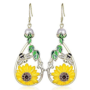 Evabelle Sunflower Daisy Flower Bee Earrings for Women Pearl Drop Dangle Summer Earrings 14K Gold Plated CZ Enamel Prom Earrings for Women Trendy for Birthday Anniversary Jewelry Gift for Her (Sunflower Earrings)