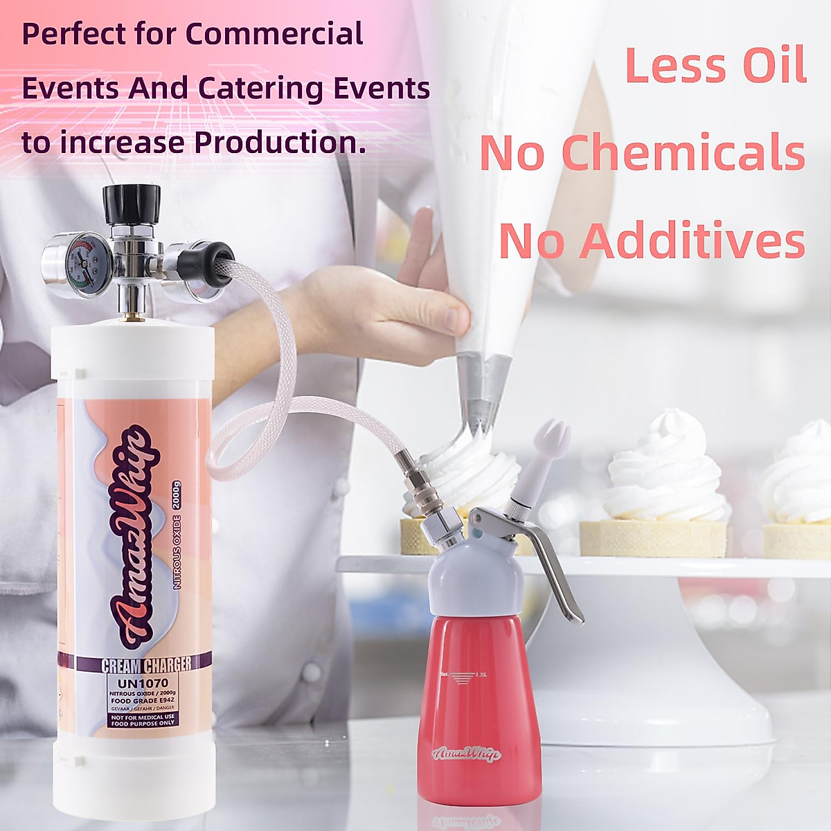 AmazWhip Premium Whipped Cream Charger 2000g 3.3L, Food Grade Nitrous Oxide Tank Pure Flavored N2O Chargers, For Any Standard Whipping Cream Dispenser (4 canisters)