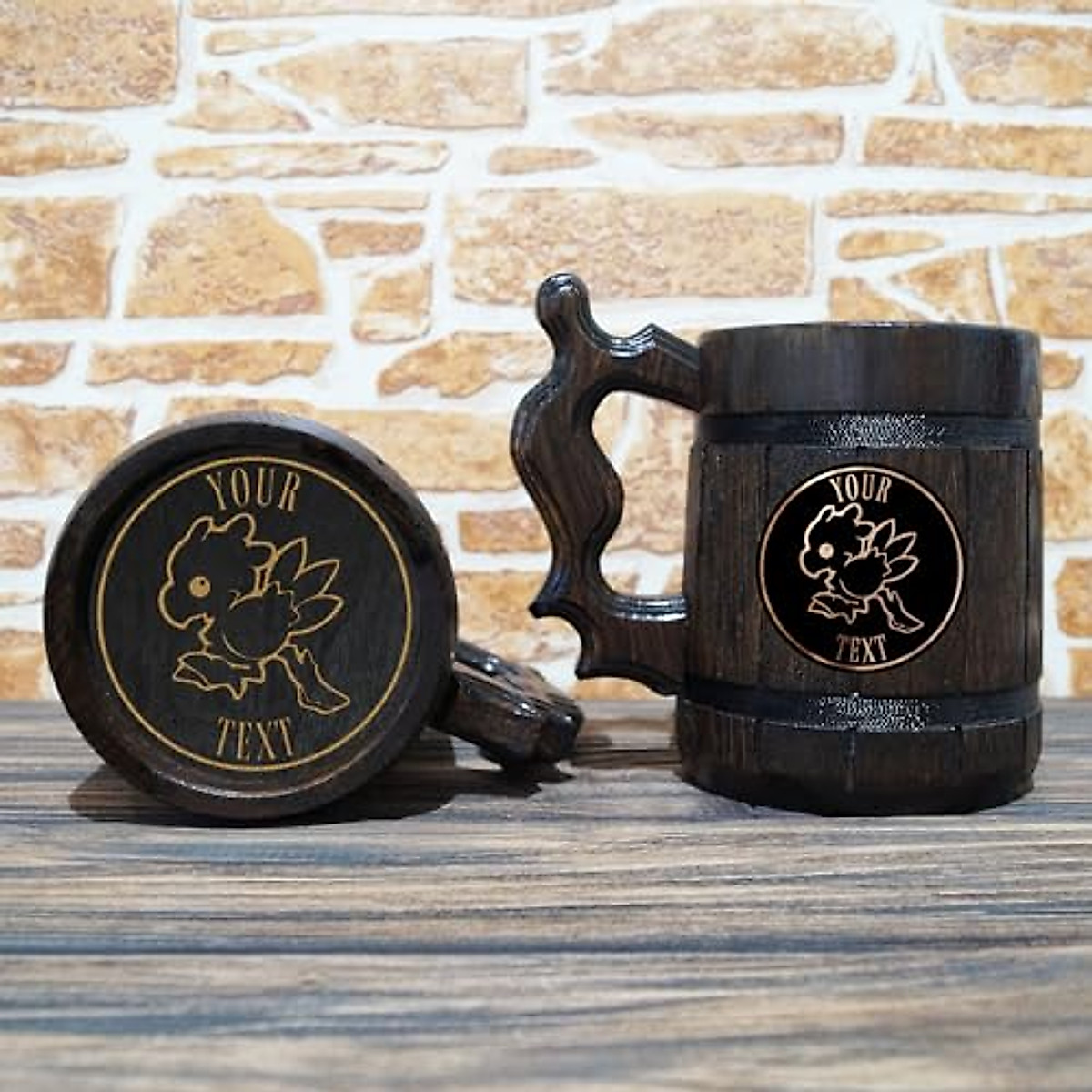 Chocobo Beer Mug, 22 oz, FF Beer Stein, Beer Mugs with Handles, Gamer Gift, Personalized Wooden Beer Tankard, Custom Gift for Men, Gift for Him