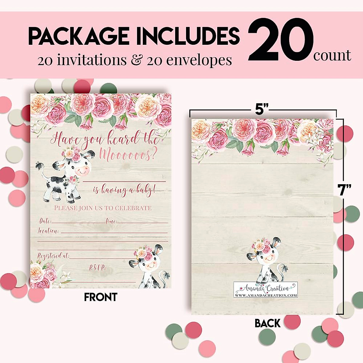 Watercolor Pink Floral Cow-Themed Baby Sprinkle Shower Invitations, 20 5x7 Fill In Cards with Twenty White Envelopes by AmandaCreation
