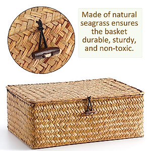 Shelf Baskets Rattan Storage Basket with Lid Handwoven Seagrass Basket Multipurpose Organizer for Snack Toys Rectangular Household Basket for Shelf Wardrobe 23x13x8cm