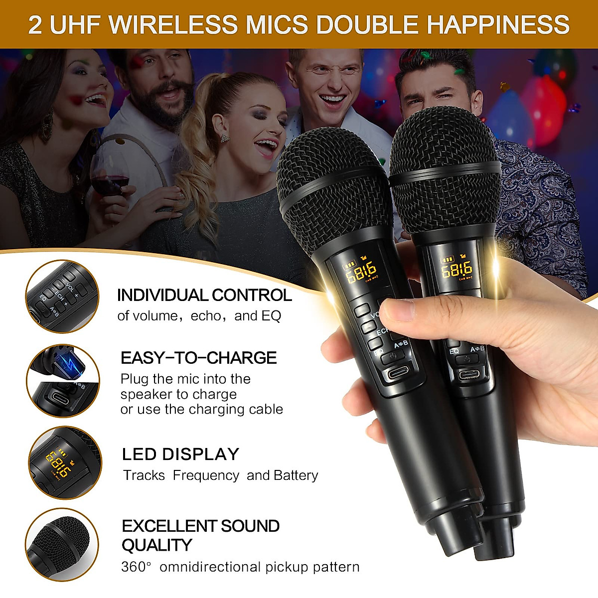 Karaoke Machine for Adults and Kids,Bluetooth Karaoke Speaker with 2 Wireless Microphone,Party Speakers with Phone Holder,HD Sound PA System Support TWS,TFcard,AUX in,for Party/Meeting