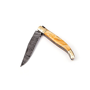 Laguiole Folding Damascus steel knife, 8.5" Long with 4" hand forged custom twist pattern Blade. Beige color unshrinkable Raisen scale with brass bolster, Cow hide leather sheath included