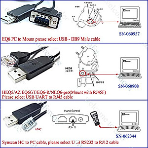 Telescopes Equatorial Mount Control Cable for Skywatcher HEQ5pro AZEQ5 AZEQ6 EQ6-R Support EQMOD ASCOM Set Up Sofware Manual Download (6ft/180cm,Asiair or PC to Mount Black)