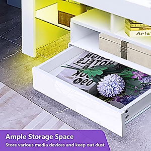 TV Stand with LED Lights for 60/65/70 Inch TV, Modern Gaming Entertainment Center, High Gloss Television Stands Media Console with Glass Shelves and 2 Drawers for Living Room, Bedroom, White