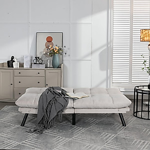 Convertible Memory Foam Futon Couch Bed, Leather Futon Sofa Bed, Folding Modern Sleeper Sofa with Quick Adjustable Armrest and Backrest for Studio Apartment/Home Office/Small Space (Black) (Beige)