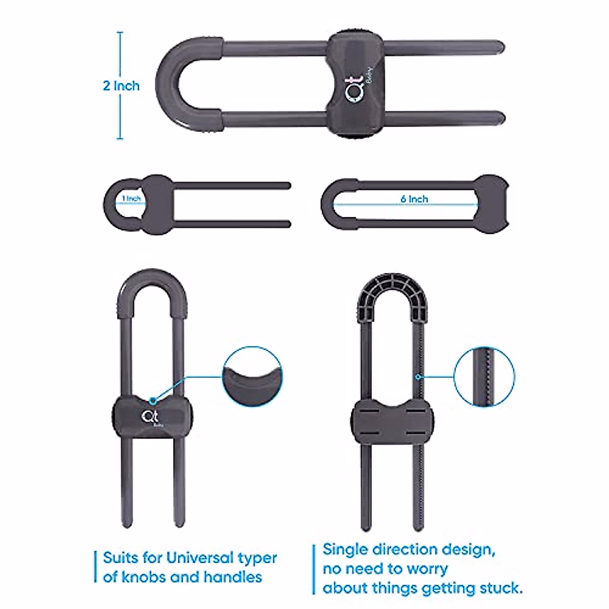 QT BABY Baby Proofing Cabinet Locks | Adjustable U Shaped Baby Safety Latches for Drawers, Fridge, Closet |Modern Baby Proofing Cabinet Lock with Extra Secure Lock Buttons (Pack of 4)