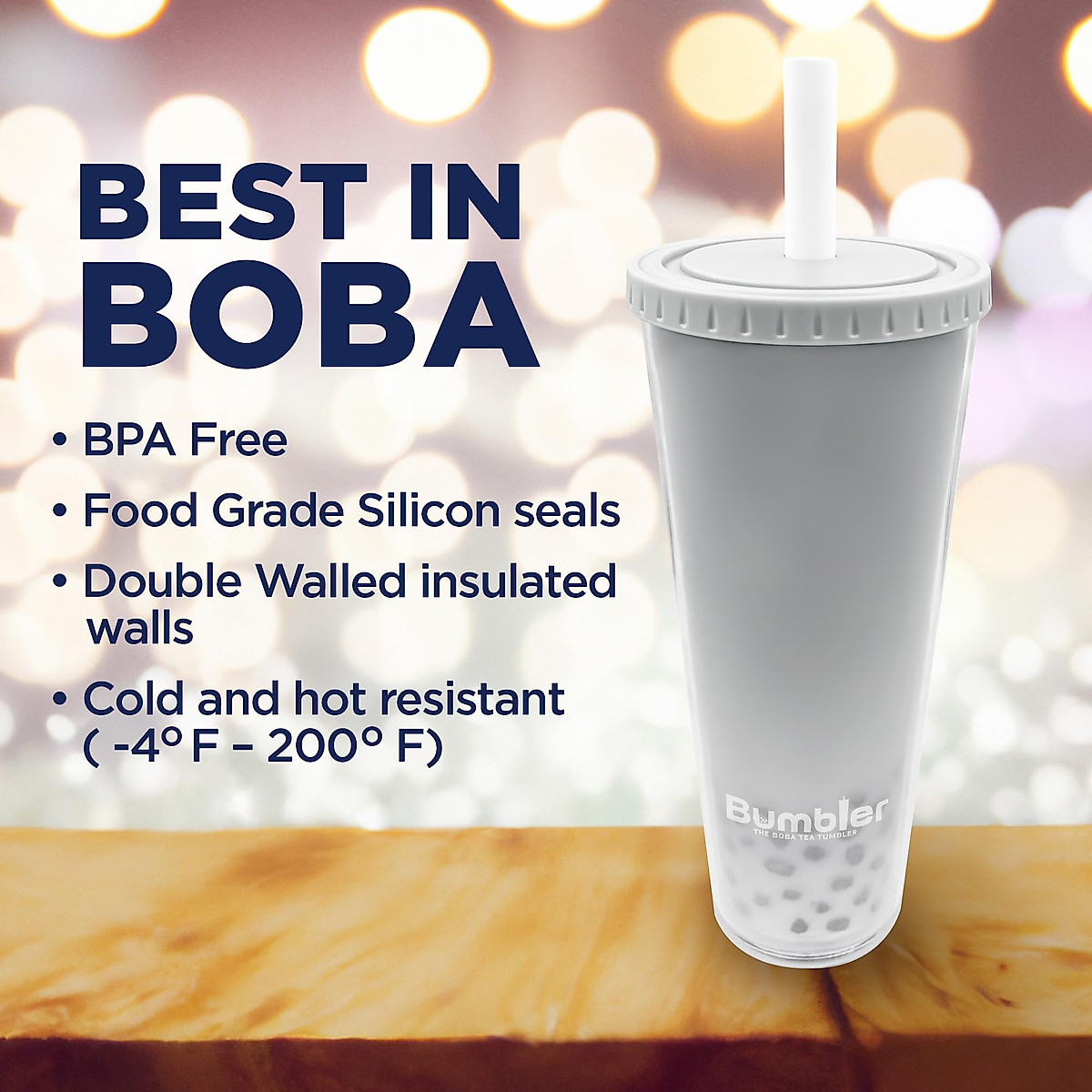 Bumbler 24oz Large Reusable Portable Eco-Friendly Tumbler | Drinking Cup with Wide Soft Tip Straw, Aesthetic Leak-Proof Lid – for Boba Tea, Smoothies, Iced Coffee, Hot or Cold Drinks – White