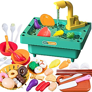 Kitchen Sink Playset with Water Recycle System, Pretend Play Water Pump Toy with Running Water, 39Pcs Play Food Electric Dishwasher Kit for Boys Girls Green 8.3"x6.5"