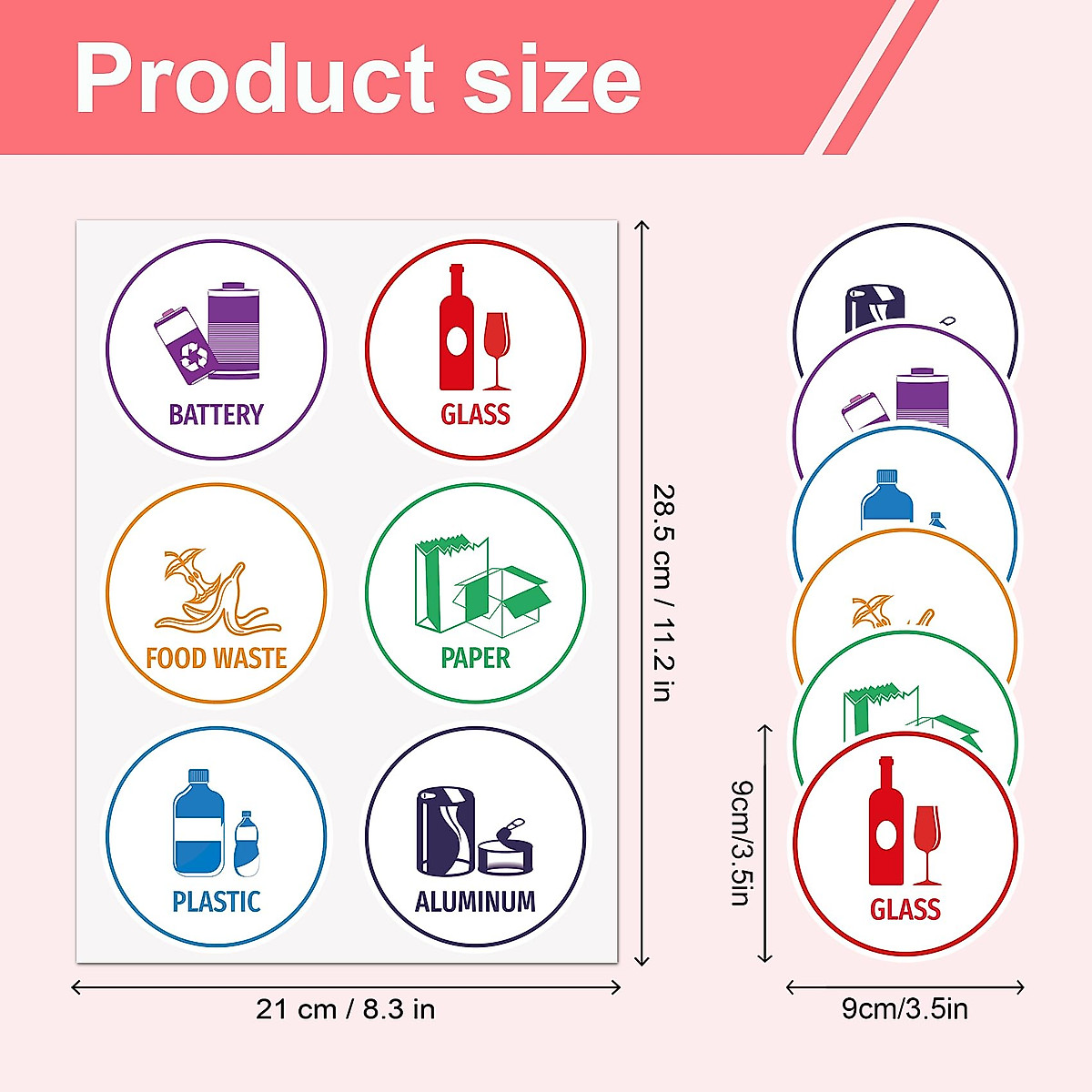 Recycle Sticker for Trash Can, 12 Pieces Trash and Recycle Stickers, Recycling Sorting Sticker Signs Decals Battery Glass Food Waste Paper Plastic Aluminum for Home Kitchen Outdoor Decals (Round)