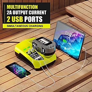 【with 2 USB Port】 Charger Replacement for Ryobi 18V Charger P117 Compatible with Ryobi 12V-18V One+ Lithium NiCad NiMh Battery P102 P108 P189 P197 P103 P105 P107 P190 P191 PBP002 PBP005