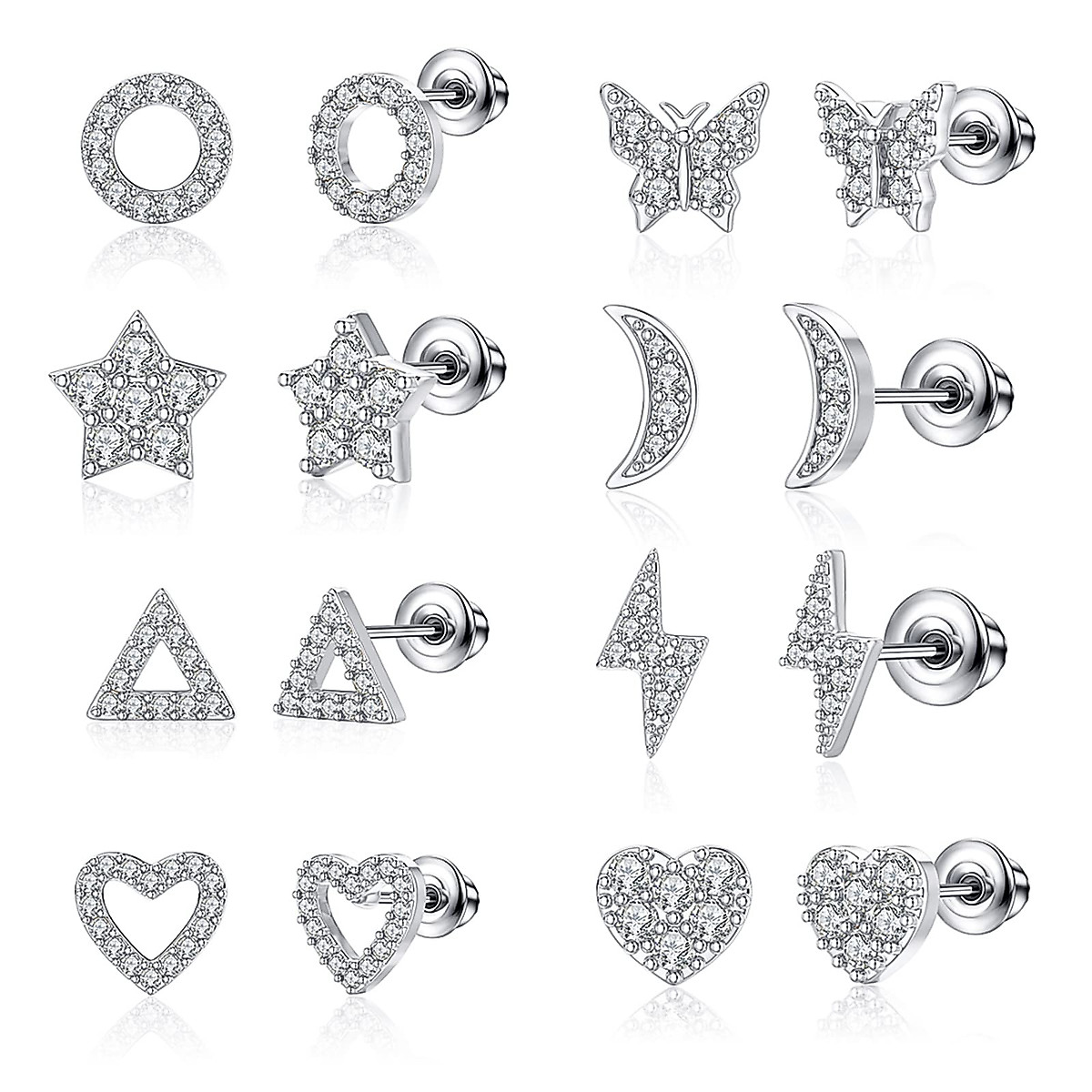 FAIOUS 8 Pairs S925 Sterling Silver Stud Earrings Hypoallergenic Earrings Lightning, Moon and Heart CZ Tiny Butterfly For Kids, Toddlers, Little Girls, Teens, Women