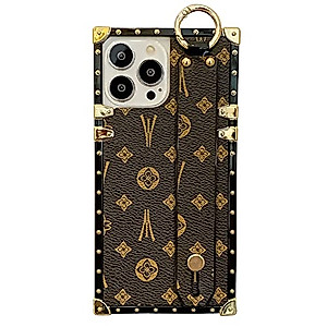 TRODINO Square Leather iPhone 14 Pro Max Case with Wristband Strap, Luxury Designer Trunk Box Phone Case for Women Girls, Hand Holder Ring Kickstand Shockproof Protective Bumper Case 6.7” (Brown)