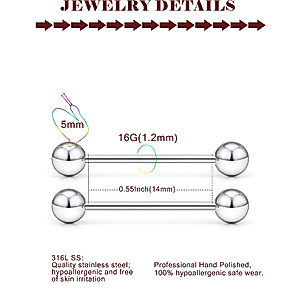 Prjndjw Silver-Tone, 16G, 9/16in(14mm) L, 8 Pairs 5mm Ball Surgical Steel Nipplerings Nipple Tongue Rings CZ Acrylic Barbell Body Piercing Jewelry