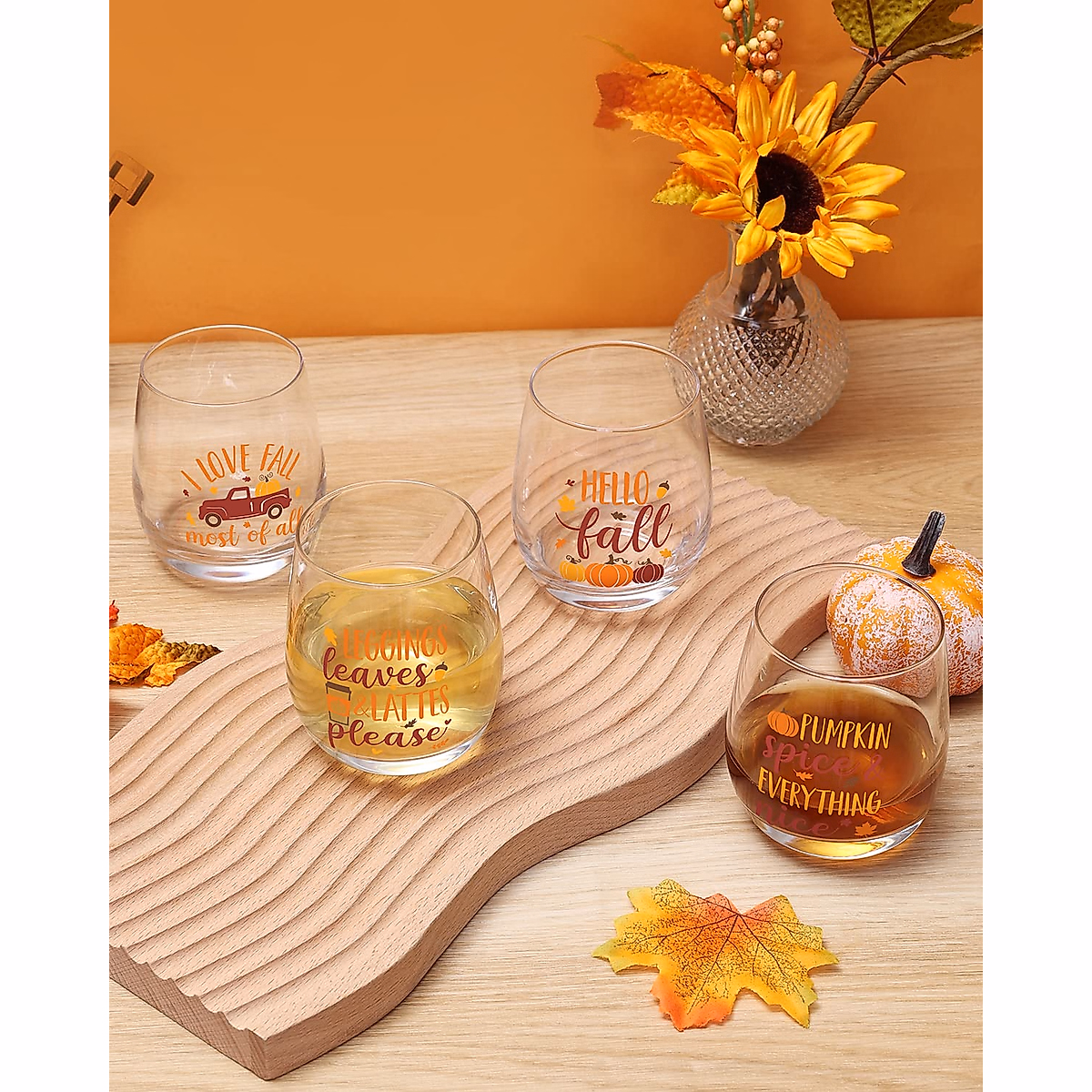 Nefelibata Fall Wine Glass Fall Cups Hello Fall Fall Leaves Pumpkin Spice Stemless Wine Glass Tumbler for Table Decor Wedding Birthday Thanksgiving Gift Ideas 12oz Set of 4