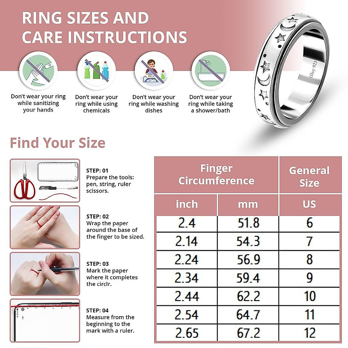 Shop LC 925 Sterling Silver Fidget Ring Men Spinner Ring Moon Star Anxiety Ring for Women Wedding Band Platinum Plated Statement Jewelry Stress Relief Bridal Engagement Rings Size 8 Birthday Gifts