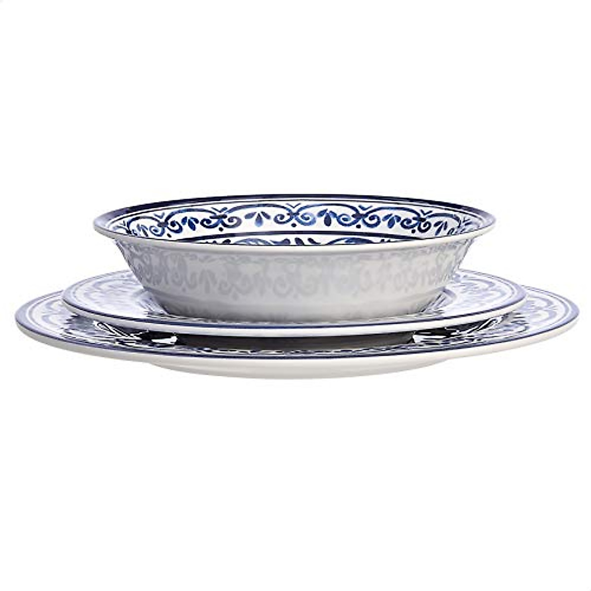 Amazon Basics Melamine Dinnerware Set, Service for 4, Traditional Blue and White - Set of 12