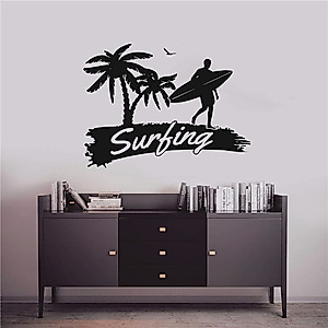 Vinyl Wall Art Surfing Wall Decal Gym Sports Boys Teenages Surf Board Palm Tree Wall Sticker Removable Wall Mural for Bedroom Living Room TM-62 (Black)
