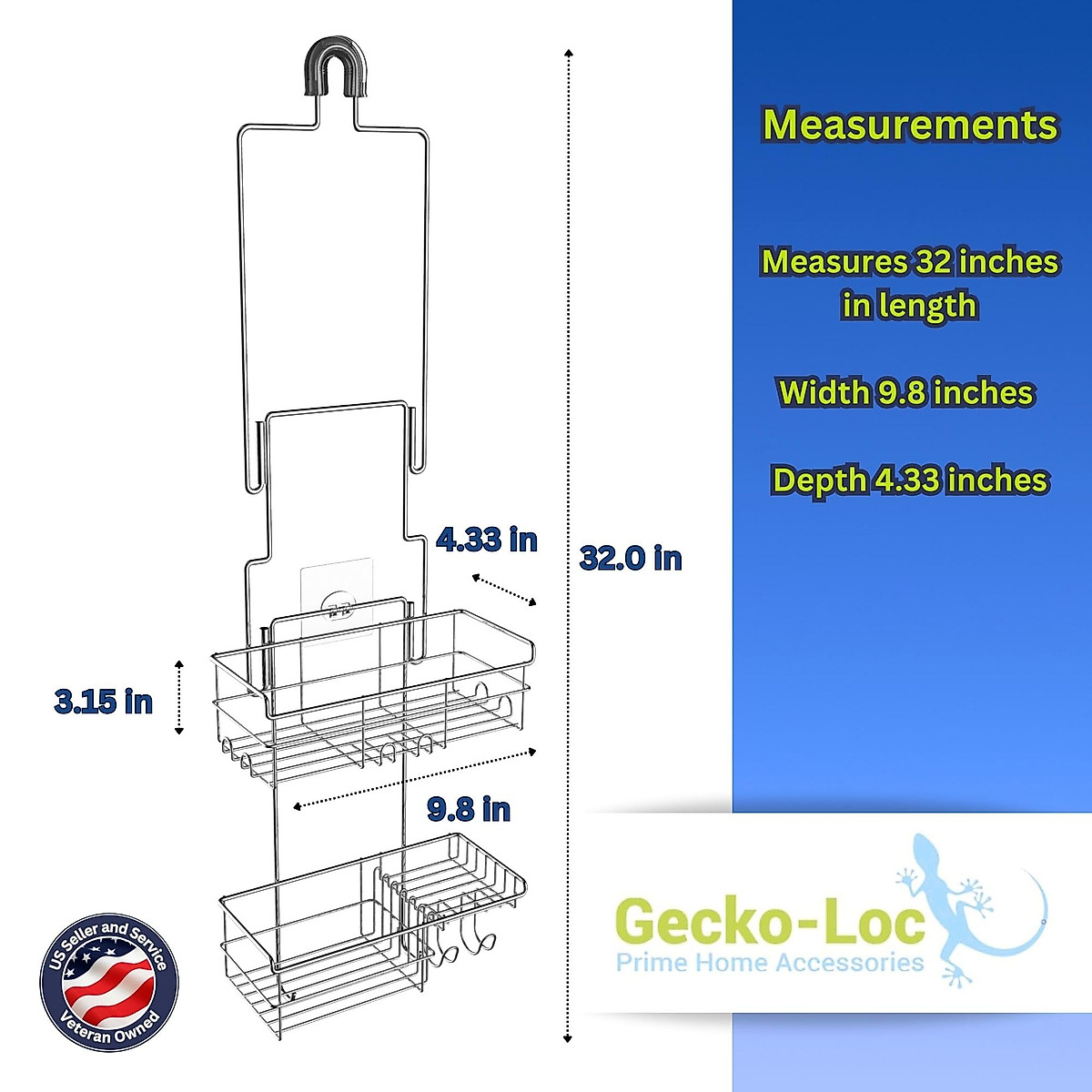 Gecko-Loc Adjustable Hanging Shower Caddy with Adhesive Storage Rack - Over Shower Head Hanger - for Shampoo, Soap, & Razors - Silver