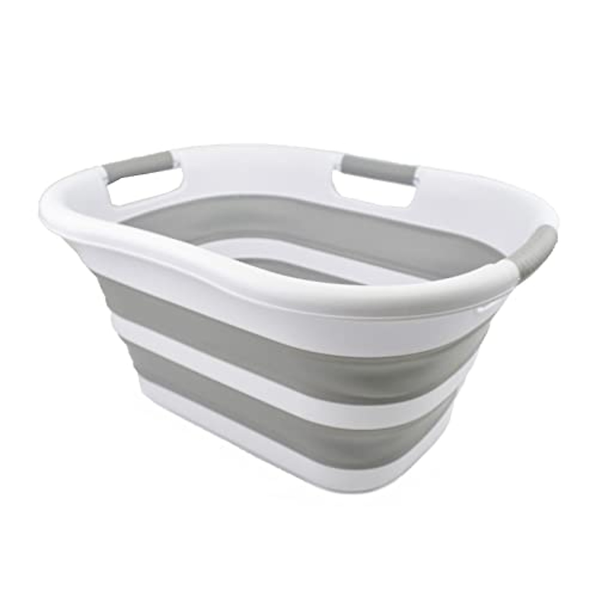 SAMMART 30L (7.9 gallon) Collapsible Plastic Laundry Basket - Foldable Pop Up Storage Container/Organizer - Portable Washing Tub - Space Saving Hamper/Basket (1, White/Grey)