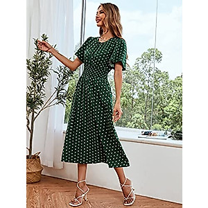 Verdusa Women's Polka Dots Print Short Sleeve Shirred A Line Flared Midi Dress Dark Green M