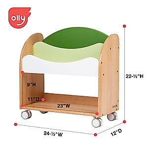 Flying Olly Kids Bookshelf, Solid German Beech Wooden Toddler Bookcase with Wheels, Children Books Display Shelf, Baby Books and Toys Storage Rack, Infant Book Cart for Bedroom, Playing Room - Green