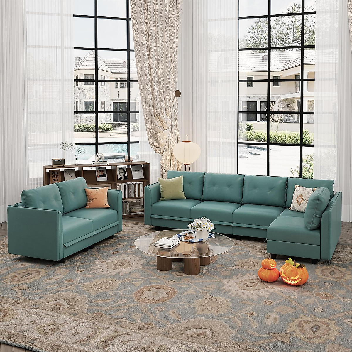LLappuil Modular Sectional Sofa Faux Leather Fabric Convertible U Shaped Sofa 7 Seater Couch with Storage, Oversized Reversible 112 Inch Sectional Couches for Living Room, Office, Aqua Blue