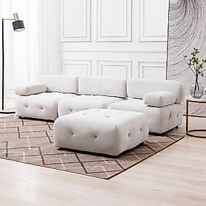 Mjkone Modular Sectional Sofa with Reversible Chaise, Velvet L Shaped Cloud Couch with Reversible Ottoman, 4 Seater Couch Button Tufted Designed Cloud Sofa, DIY Combination Sofa for Living Room,Beige