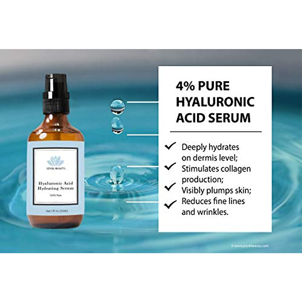 Hyaluronic Acid Serum for Face Skin Eyes Lips by Joyal Beauty. 100% Pure Best Anti-aging Hydrating Original Hyaluronan for Topical Use. Highest 4% Solution. Best Anti Wrinkle Smoother