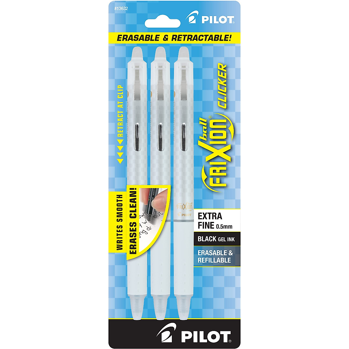 Pilot® FriXion® Ball Clicker Erasable Retractable Gel Pens, Pack of 3, Extra Fine Point, 0.5mm, White Checker Barrel, Black Ink
