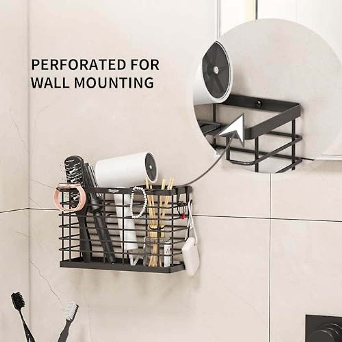 Segler Hair Dryer Organizer Wall Mounted & Cabinet Door, 3 in 1 Storage, Adjustable Height, Carbon Steel， Black