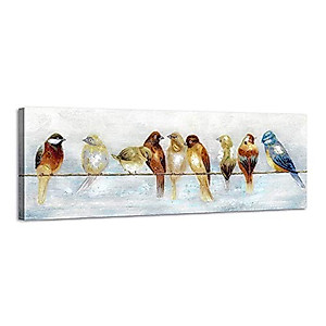 ARTISTIC PATH Abstract Birds Canvas Wall Art: Colorful Birds on Wire Picture Sparrow Painting Artwork for Living Room (36''W x 12''H, Multi-Sized)