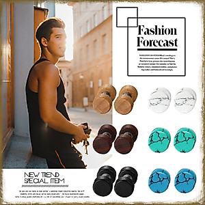 6 Pairs 8MM Marble Stone Wood Screw Stud Earrings Set,Cupimatch Ear Piercing Plugs Faux Gauges Illusion Tunnel Earrings (8 mm)