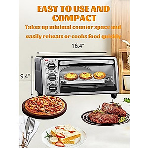 Toaster Oven 4 Slice Countertop - Pizza Oven with Timer, Convection Oven fits a 9 Inch Pizza, for Bake, Broil, Toast, Includes Baking Pan and Rack, Stainless Steel, Silver