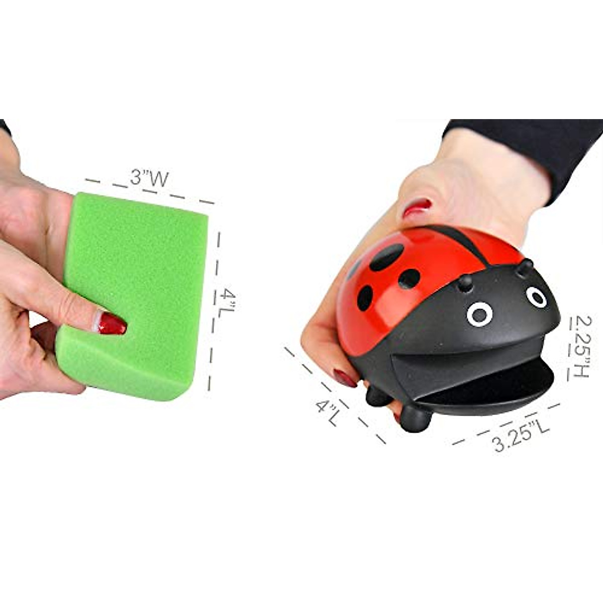 HOME-X Ladybug Sponge Holder with 3 Sponges, Kitchen Sink Accessories 4" L x 3" W x 2" H