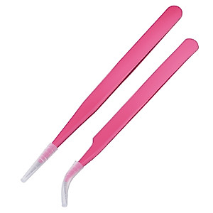 Hotop 2 Pieces Straight and Curved Tip Tweezers Eyelash Extension Tweezers, Stainless Steel False Lash Application Tools (Pink)