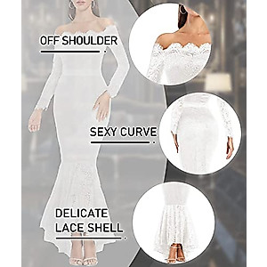 LALAGEN Women's Floral Lace Long Sleeve Off Shoulder Wedding Mermaid Dress White XL