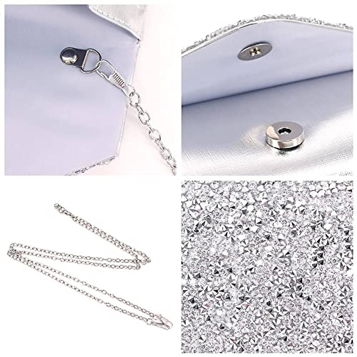 Gabrine Womens Evening Bag Handbag Clutch Purse Rhinestone-Studded Flap for Wedding Party Prom(Silver)