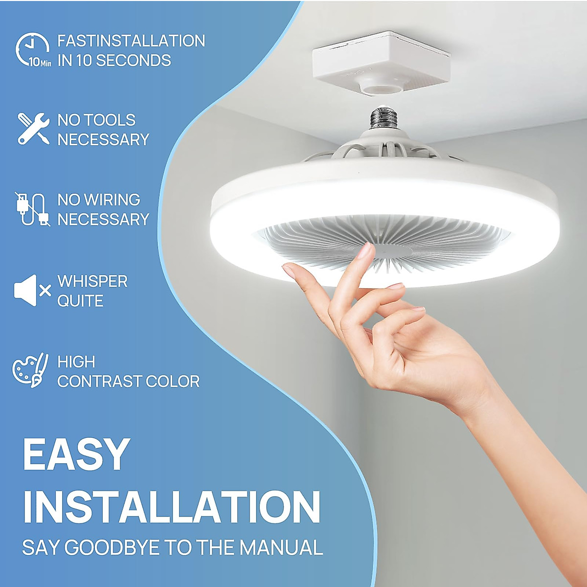 Socket Fan Light With Remote 10", Fan With Light 2,400 Lumen/6,500 Kelvin, Infinitely Adjustable, Light Socket Fan For Small Spaces Damp/Ventless, Need Ventilation & Airflow to Dry