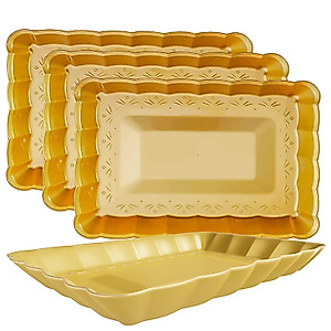 Yumchikel Hard Plastic Serving Tray Set, Gold Serving Trays in Scalloped Design, Serving Platters and Trays for Parties, Weddings, Engagements, Disposable Trays for Cakes & Deserts, 9" x 13", 4 Pack