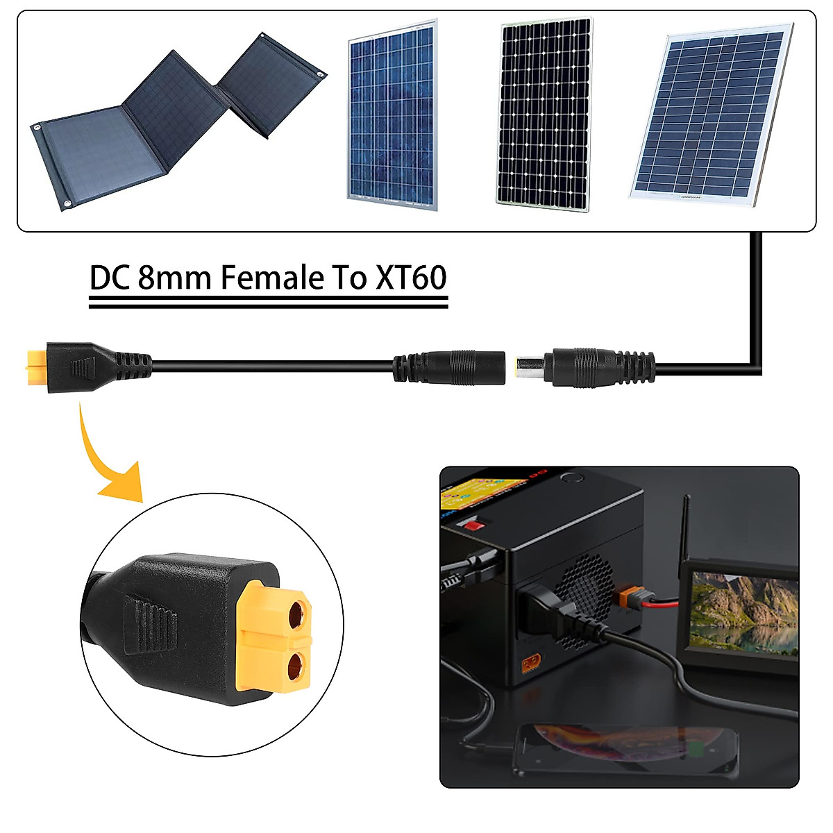 GELRHONR DC 8mm to XT60 Solar Panel Adapter Power Cable,14AWG DC7909 to XT60 Connector Jack Cable for Solar Generator Portable Power Station 1M (Balck - 1M - XT60 Female to DC7909 Male)