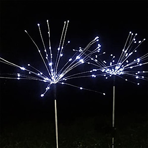 Rockabyee 2 Pack 120 Led Solar Firework Lights, 8 Modes Starburst Stake Lights, Outdoor Solar Garden Lights for Wedding Party Festival (Cool White)