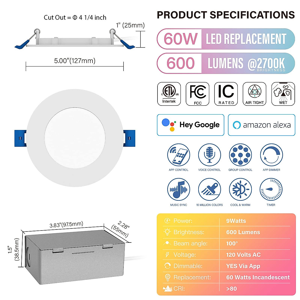 JULLISON 4" LED Smart Slim Recessed Pot Light, WiFi APP & Voice Control, 120VAC, 9W, 600LM, RGB + 2700K-6000K, ETL & FCC & IC Rated, Wet Location, Compatible with Alexa/Google Home, White - 4 Packs