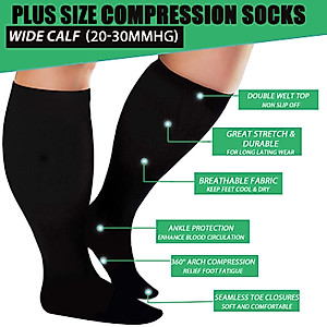 3 Pairs Plus Size Compression Socks for Women and Men Wide Calf 20-30mmhg Extra Large Knee High Support for Circulation