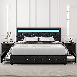 Keyluv Full Size Upholstered LED Bed Frame with 4 Storage Drawers and Adjustable Crystal Button Tufted Headboard, Platform Bed with Solid Wooden Slats Support, No Box Spring Needed, Black