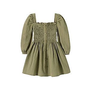 Happy Town Toddler Girl Fall Dress Long Sleeve Play Wear Dress Baby Solid Color Casual Clothes (Green, 3-4 T)